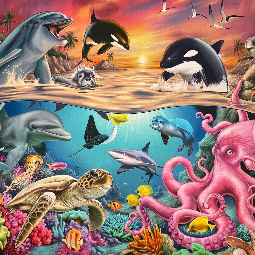 Sea Life Panel 44" X 36" - 100% Cotton Fabric - Treasure Trove DDC11485 ...