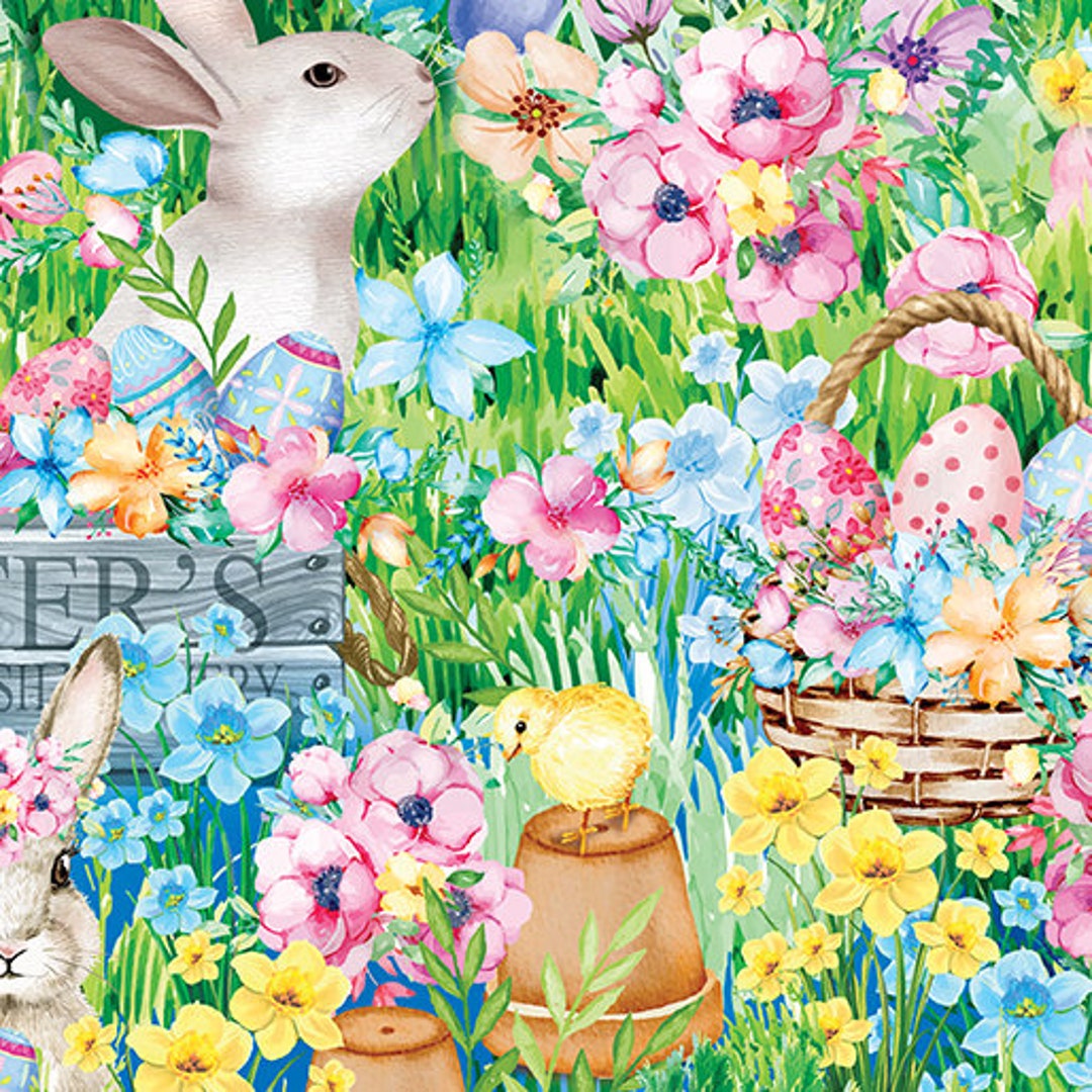 Easter Bunny Fabric Garden Scenic Multi Benartex 100% Cotton Basket ...