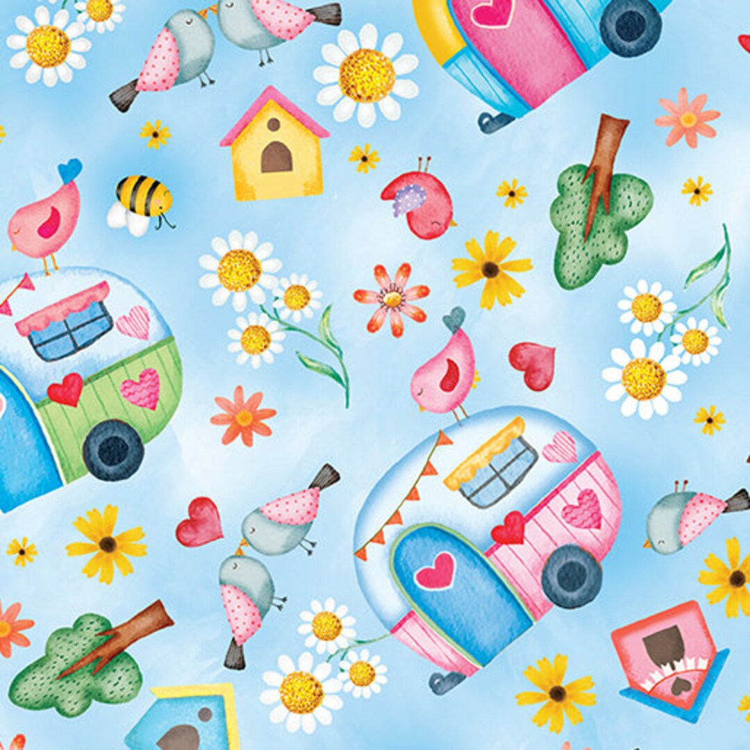 Camper Fabric by the Yard Sunshine Campers Blue Benartex 100% Cotton ...