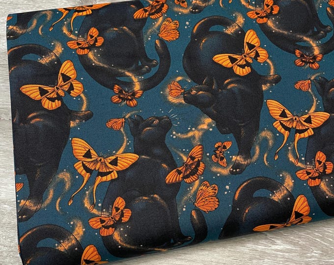Halloween Fabric - Moth Cat Turquoise - 100% Cotton - Freespirit ...