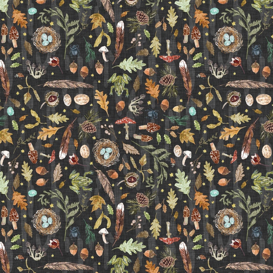 Bird Fabric Autumnity Digital Nature Trail Dark Black Clothworks 100% ...