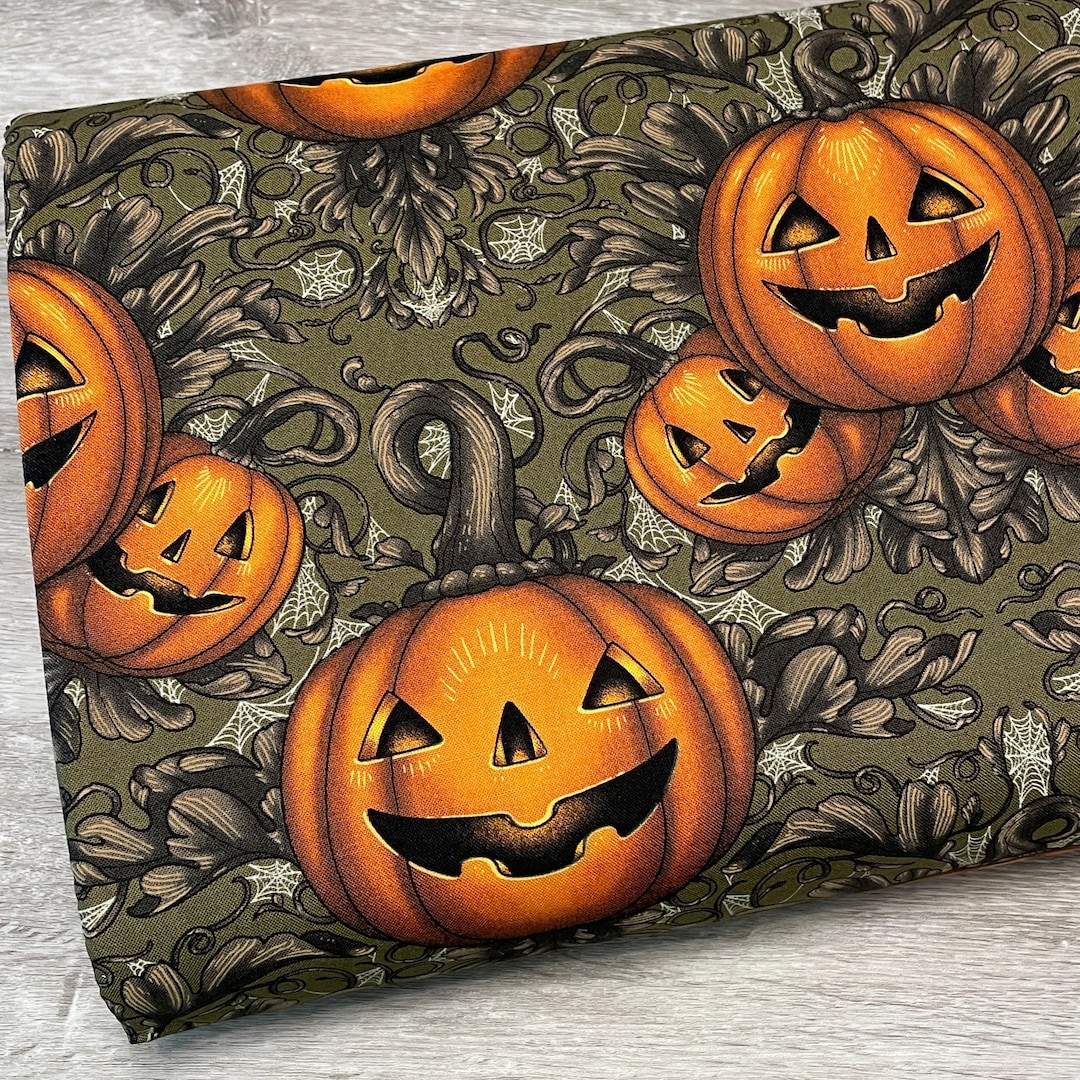 Halloween Fabric Pumpkin Damask Olive 100% Cotton Freespirit Mystic ...