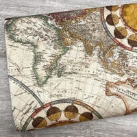 World Map Fabric: Vintage Travel Theme, Compass, Landmarks, Lightweight ...