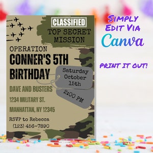 Military Theme Birthday Invitation, Camo Invite, Army Theme Invitation ...