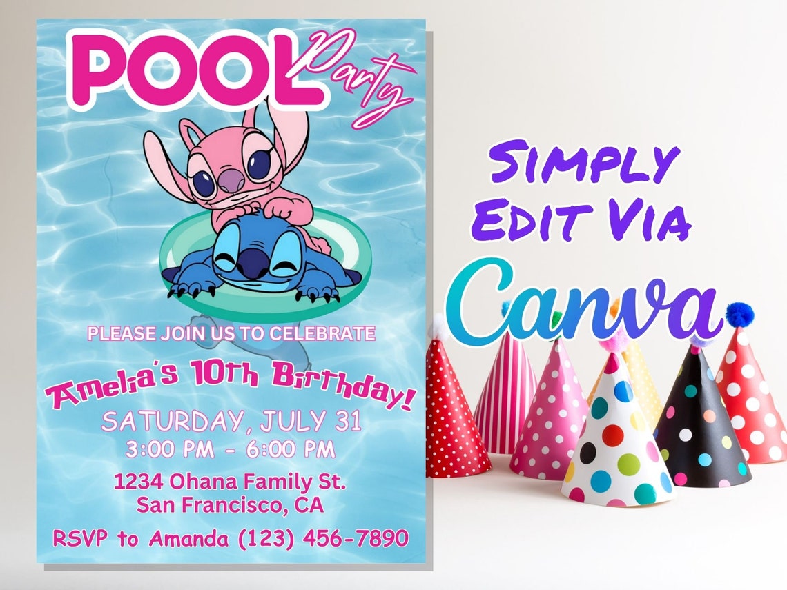 Angel and Stitch Pool Party Birthday Invitation Template | Stitch and ...