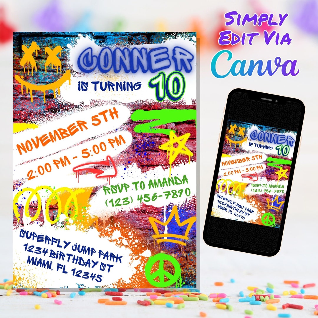 Neon Graffiti Birthday Invitation, Graffiti Invite, Jump Park ...