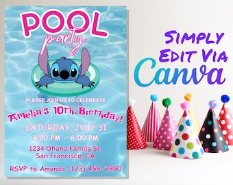 Angel and Stitch Pool Party Birthday Invitation Template Stitch and ...