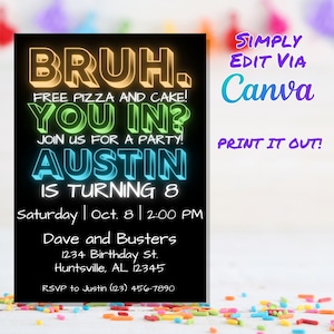 Bruh Birthday Invitation, Bruh Neon Party, Bruh Invitation, Template ...