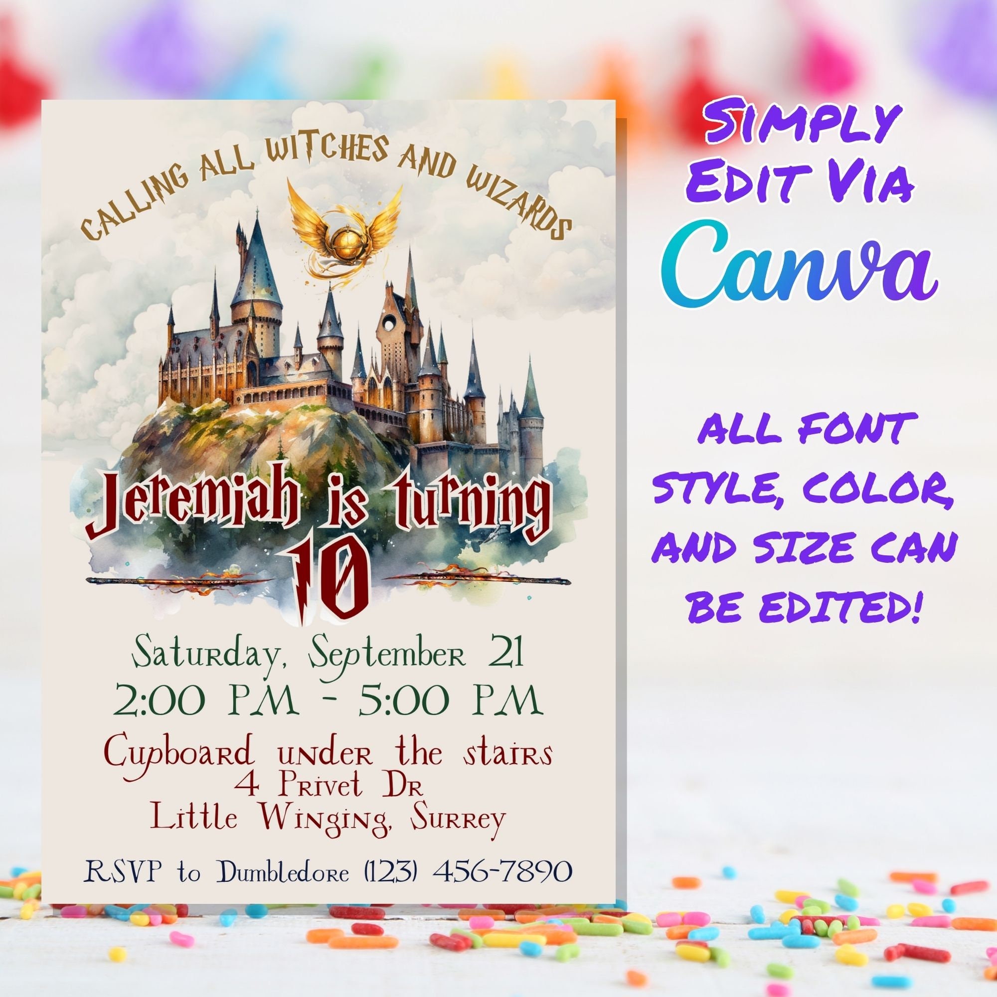 Wizard Birthday Invitation, Harry Potter Theme Invite, Hogwarts ...