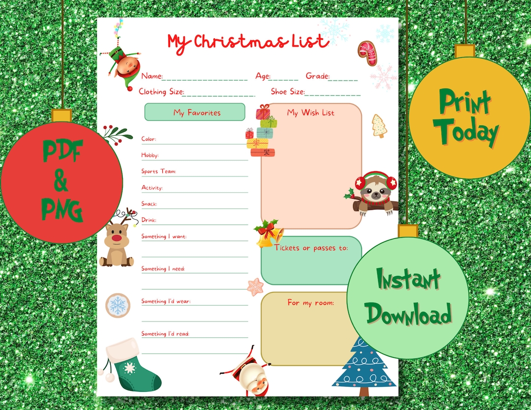 Kids Christmas List, Letter to Santa, Printable Gift Wish List, X-mas ...