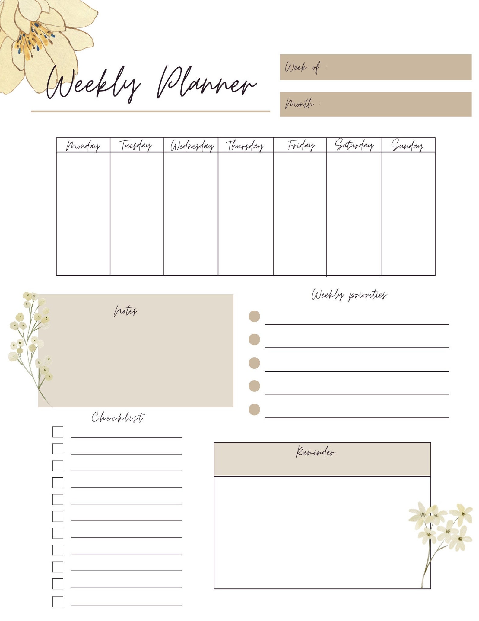 Digital Planner, Weekly Planner, Minimalist Weekly Schedule, Printable ...