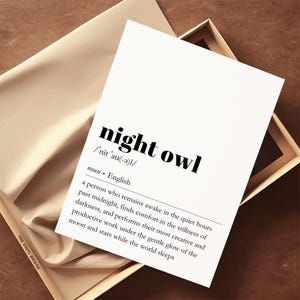 Night Owl Definition Print | Dictionary Wall Art | Nocturnal Person ...