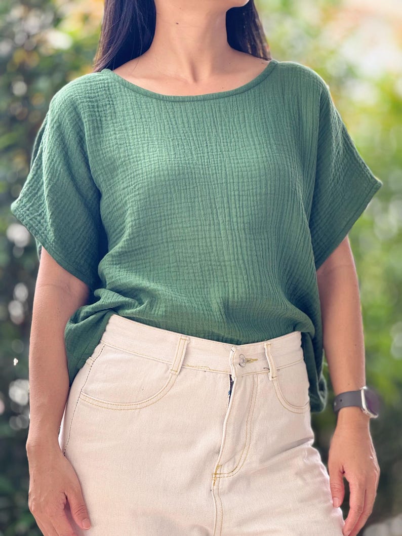 Double Gauze Boat Neck Loose-fitting Short-sleeve Blouse - Etsy