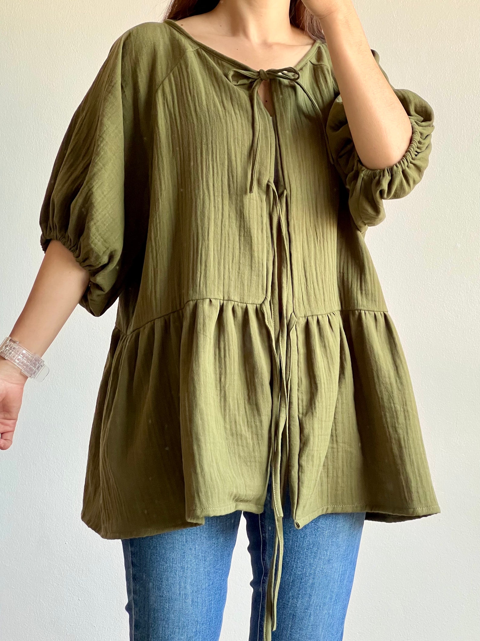 Muslin Double Gauze Loose String-tie Blouse - Etsy