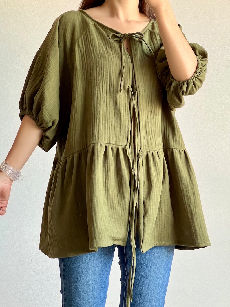 Muslin Double Gauze Loose String-tie Blouse - Etsy