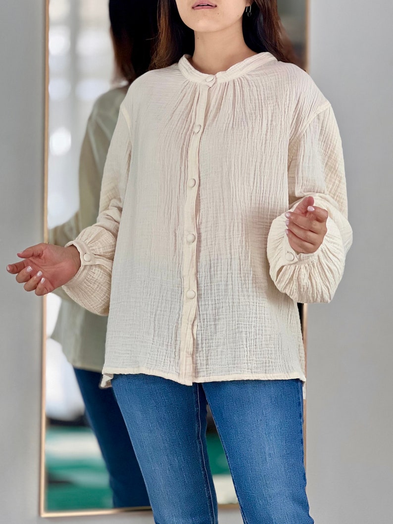 Muslin Double Gauze Band Collar Blouse Crepe Cotton Loose Fit Shirt ...