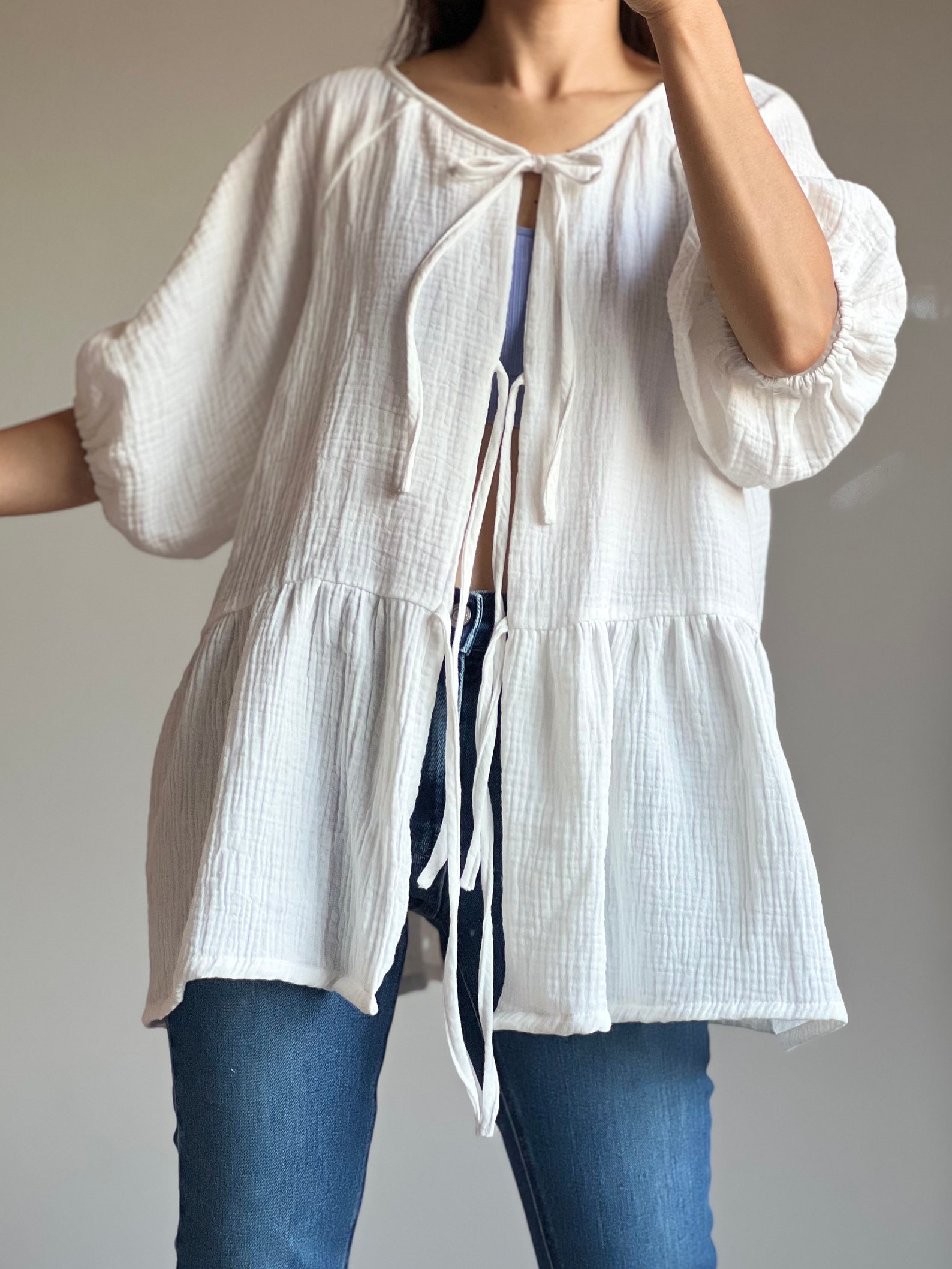 Muslin Double Gauze Loose String-tie Blouse - Etsy
