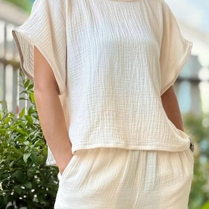 Double Gauze Boat Neck Loose-fitting Short-sleeve Blouse - Etsy