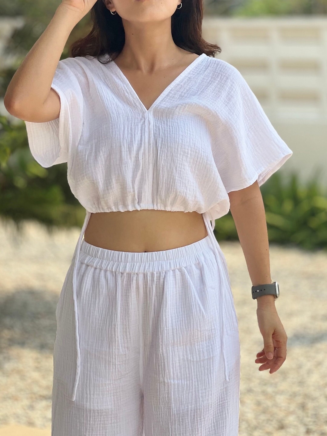 Muslin Double Gauze V-neck Blouse With Adjustable Crop Top - Etsy