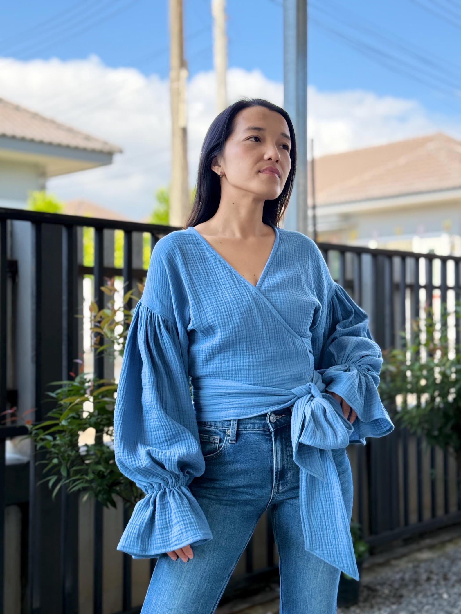 Double-gauze Cotton Top With Puffy Sleeves and Adjustable Waist Tie - Etsy