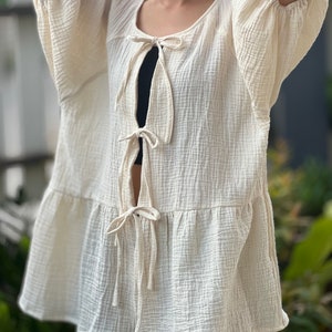 Muslin Double Gauze Loose String-tie Blouse - Etsy