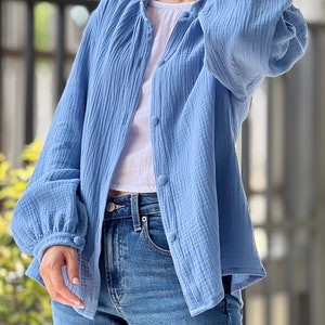 Muslin Double Gauze Band Collar Blouse | Crepe Cotton Loose Fit Shirt ...
