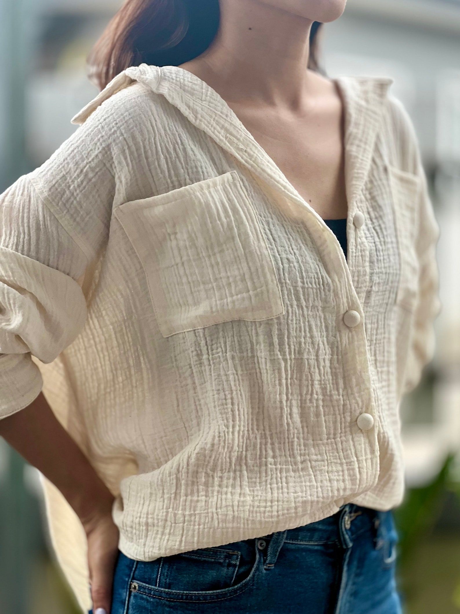 Double Gauze Loose-fitting Long Sleeve Blouse - Etsy