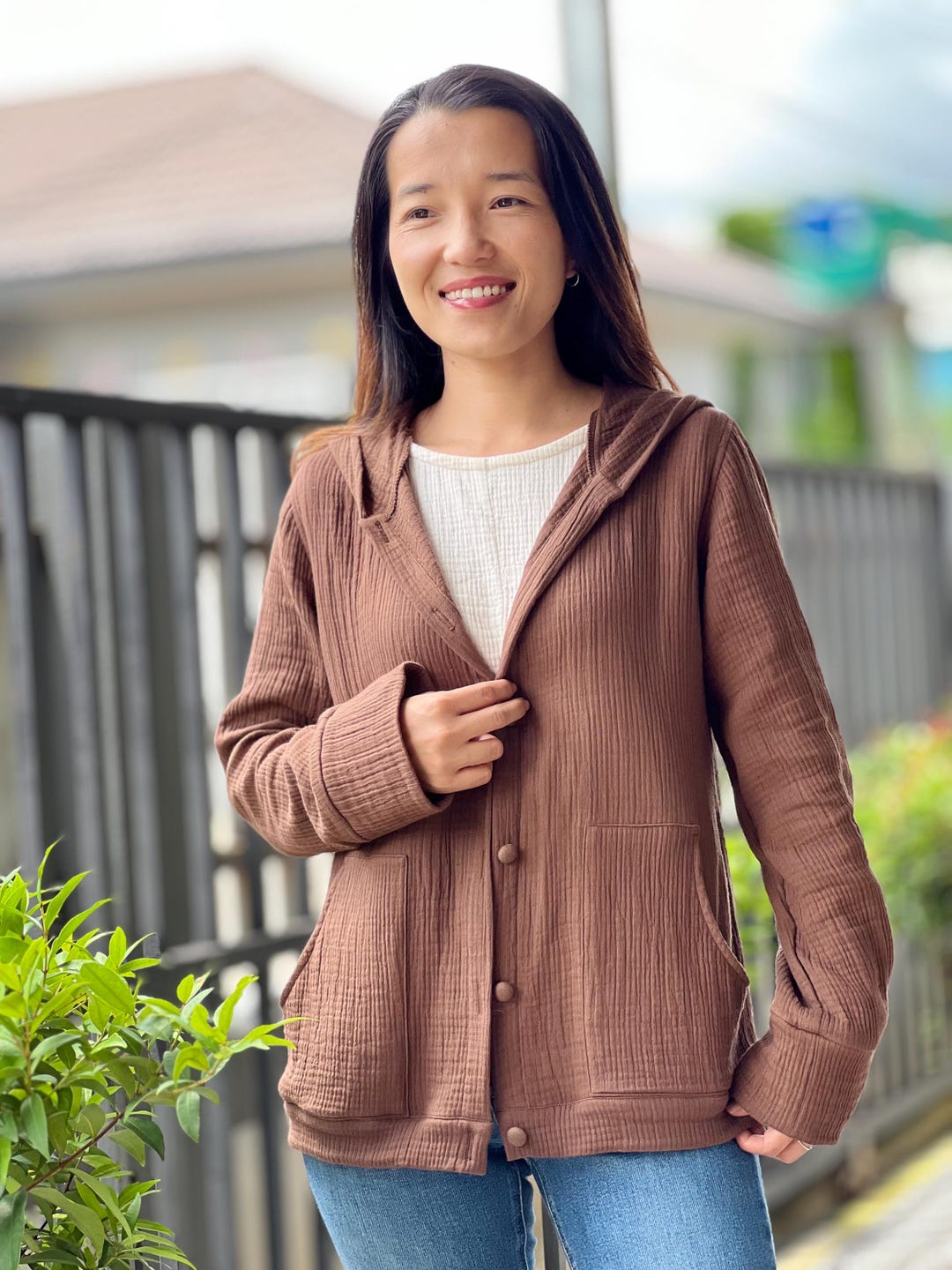 Muslin Hoodie Triple Gauze Jacket Resort Wear Outfit Long Sleeve Top ...