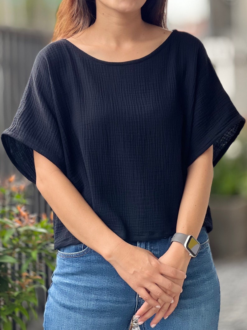 Double Gauze Boat Neck Loose-fitting Short-sleeve Blouse - Etsy