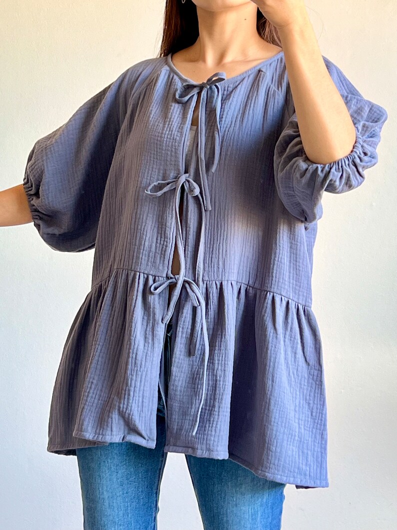 Muslin Double Gauze Loose String-tie Blouse - Etsy