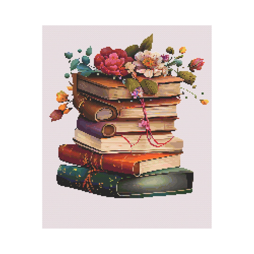 Retro Floral Book Stack Cross Stitch Pattern - Etsy