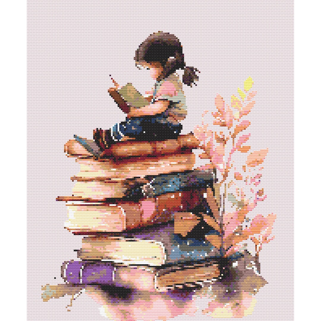 Girl Sitting on Book Stack Cross Stitch Patter, Book Watercolor Cross ...