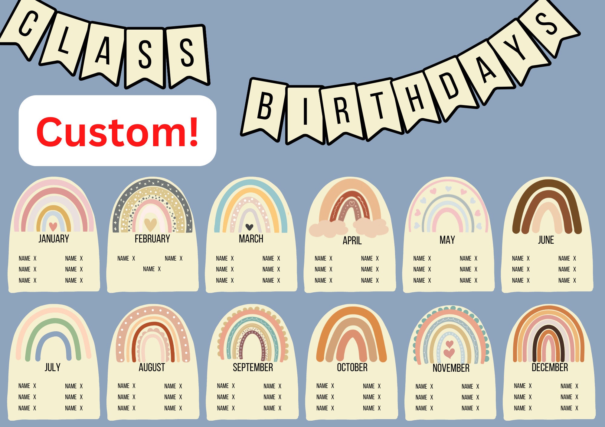 CUSTOM Classroom Boho Rainbow Birthday Display, Primary School Cake ...