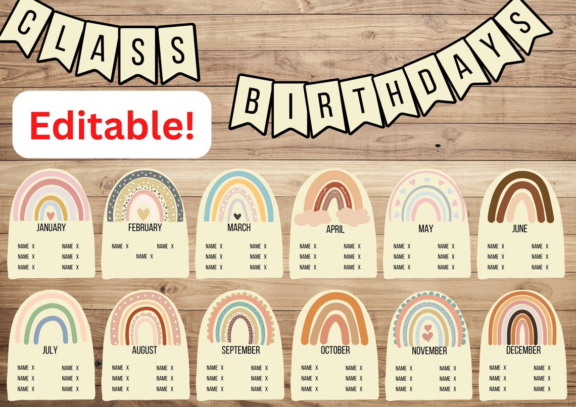 Boho Theme Classroom Printable, Classroom Birthday Display, Monthly ...