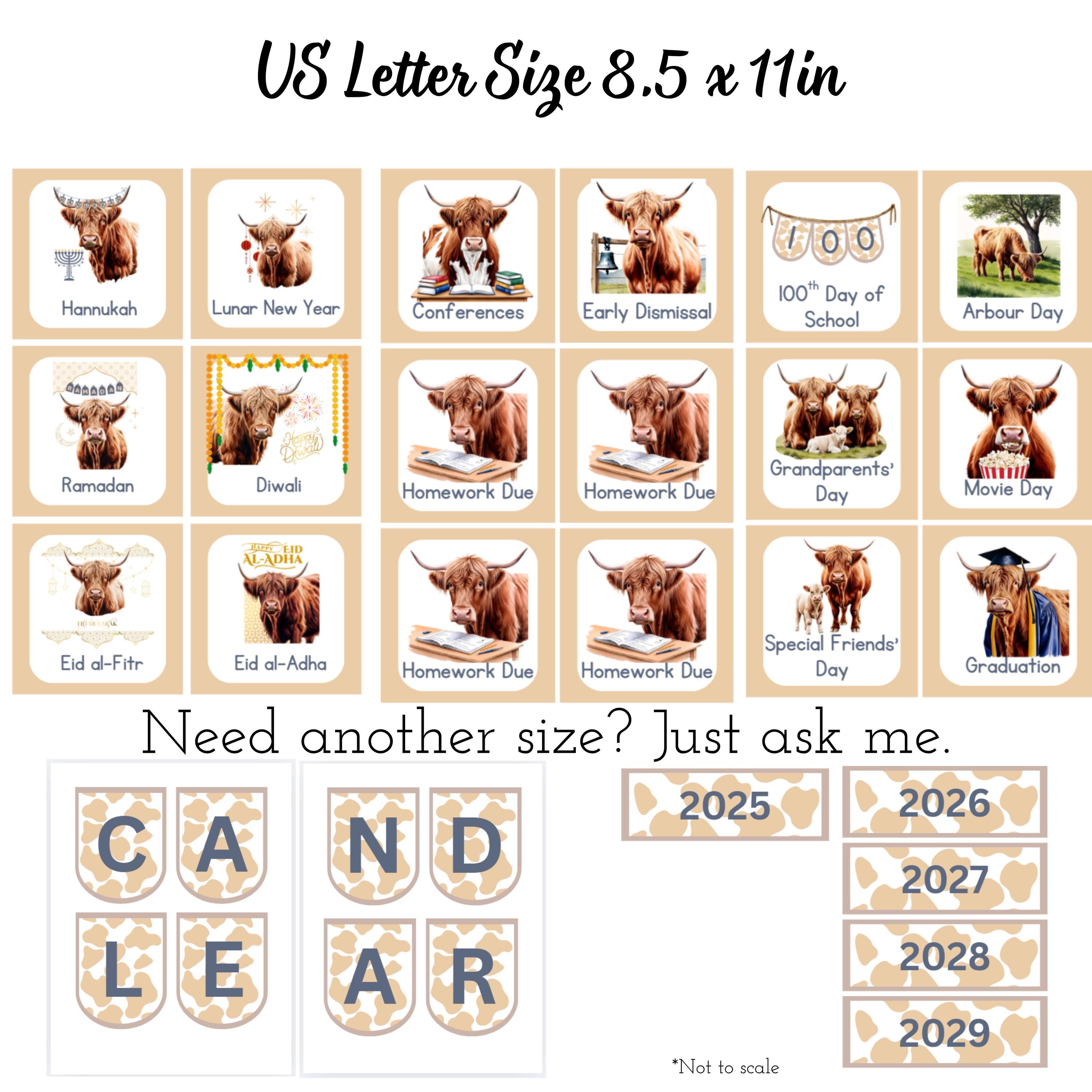 Classroom Pocket Calendar Set, Highland Cow Classroom Theme, Western ...