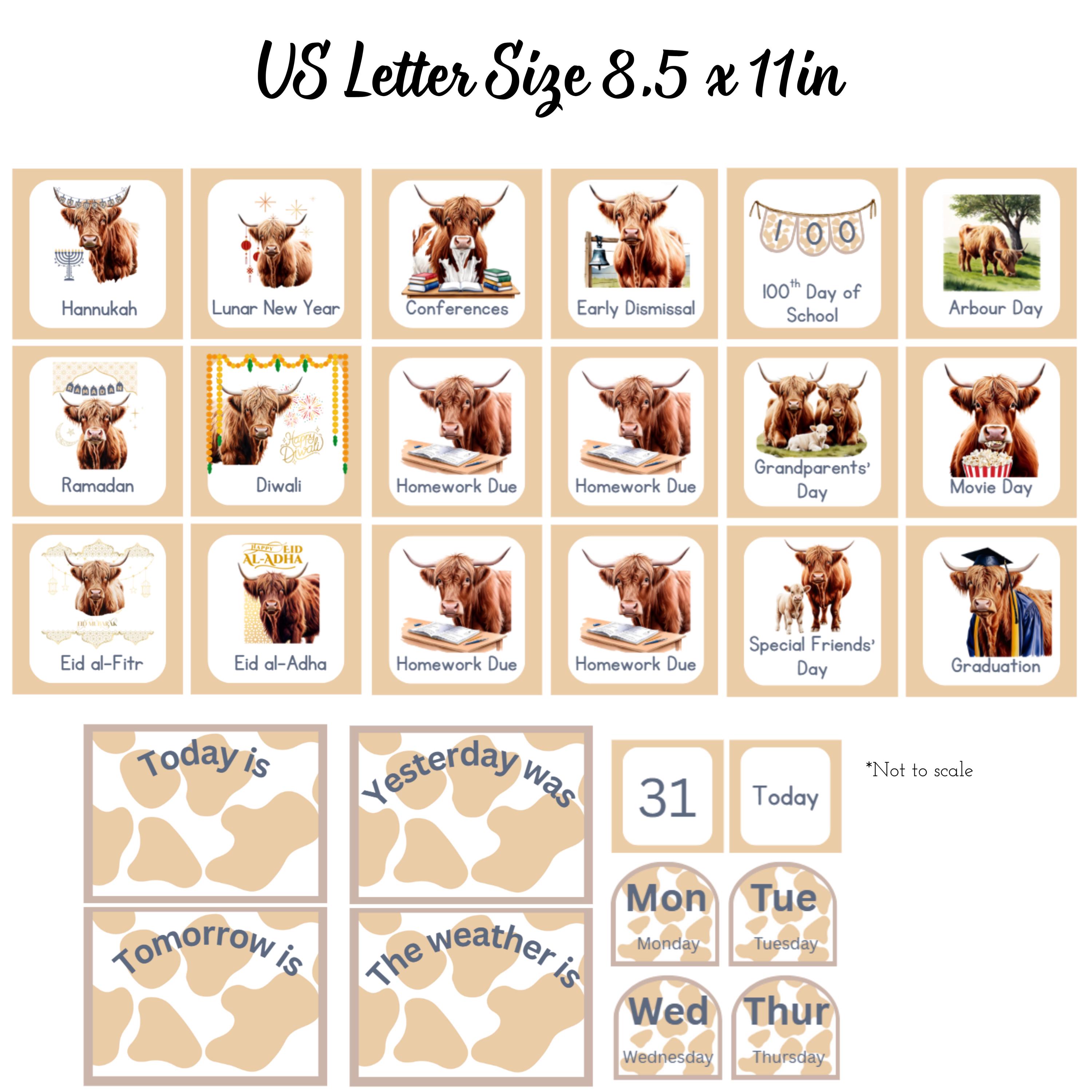 Classroom Pocket Calendar Set, Highland Cow Classroom Theme, Western ...