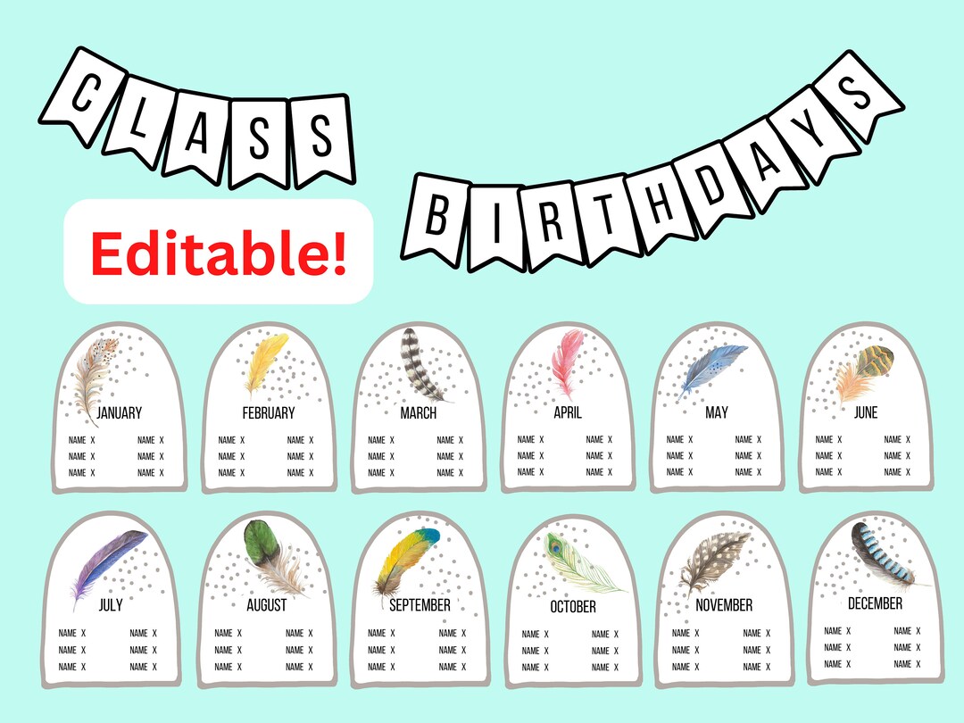 EDITABLE Classroom Birthday Feather Display, Primary School Birthday ...