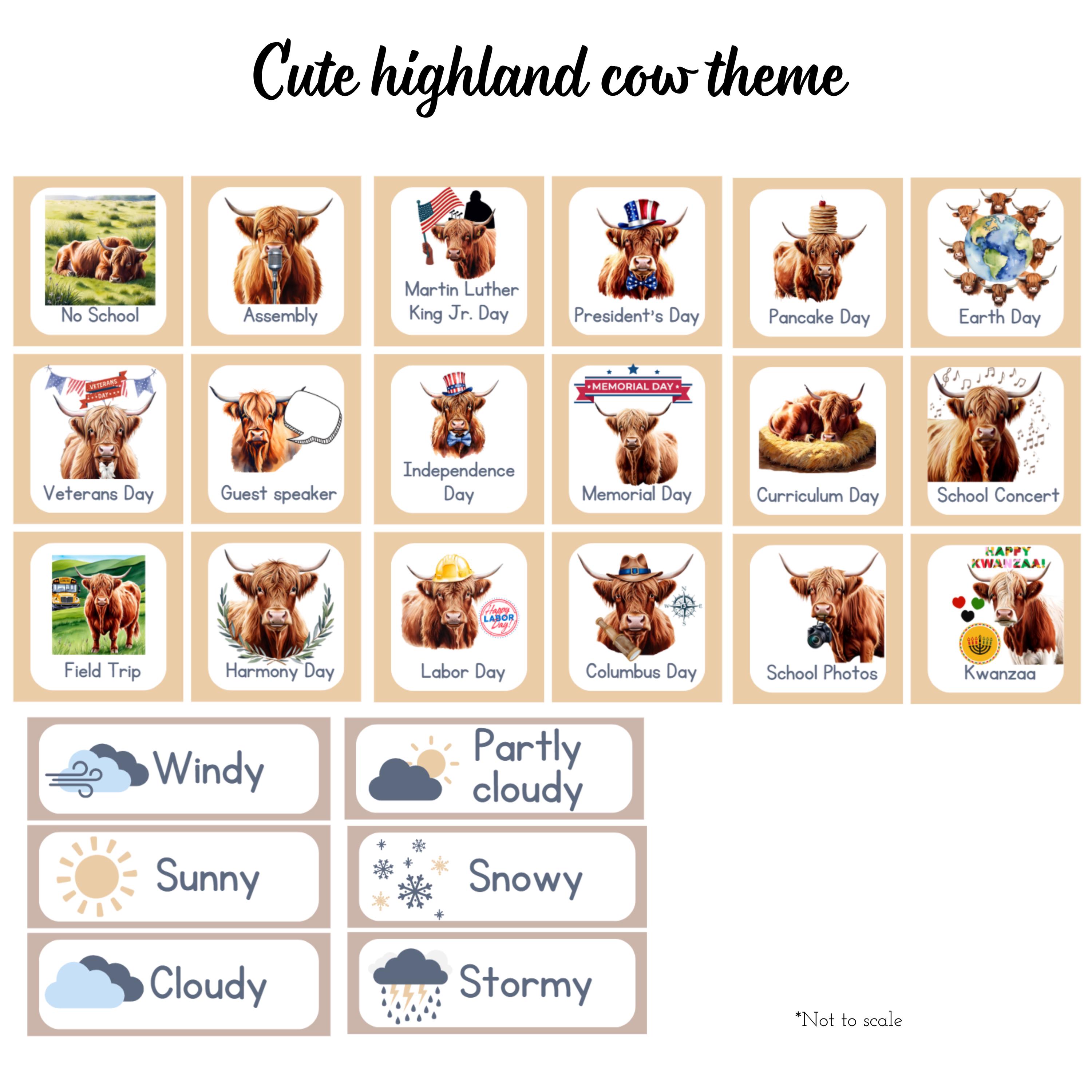 Classroom Pocket Calendar Set, Highland Cow Classroom Theme, Western ...