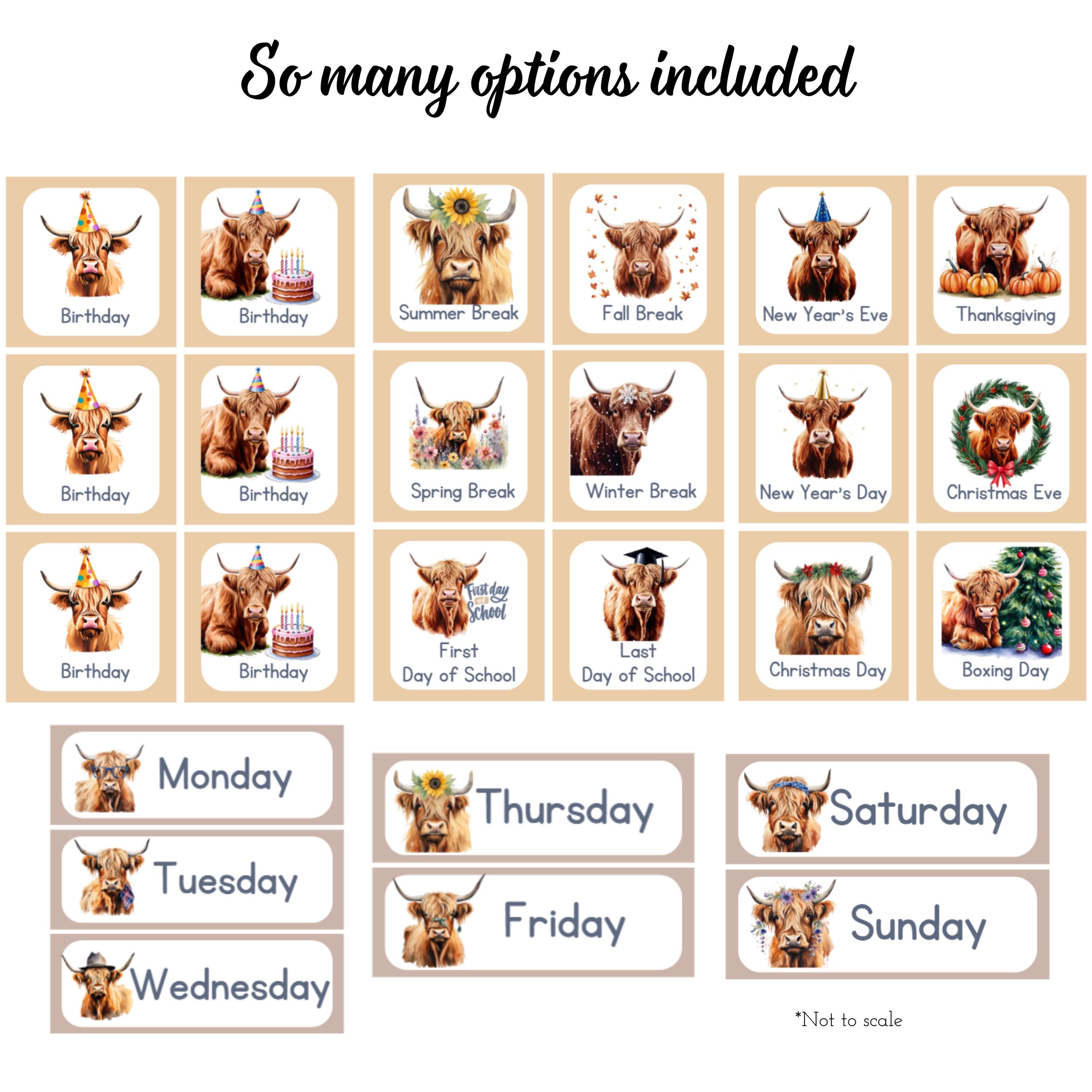 Classroom Pocket Calendar Set, Highland Cow Classroom Theme, Western ...
