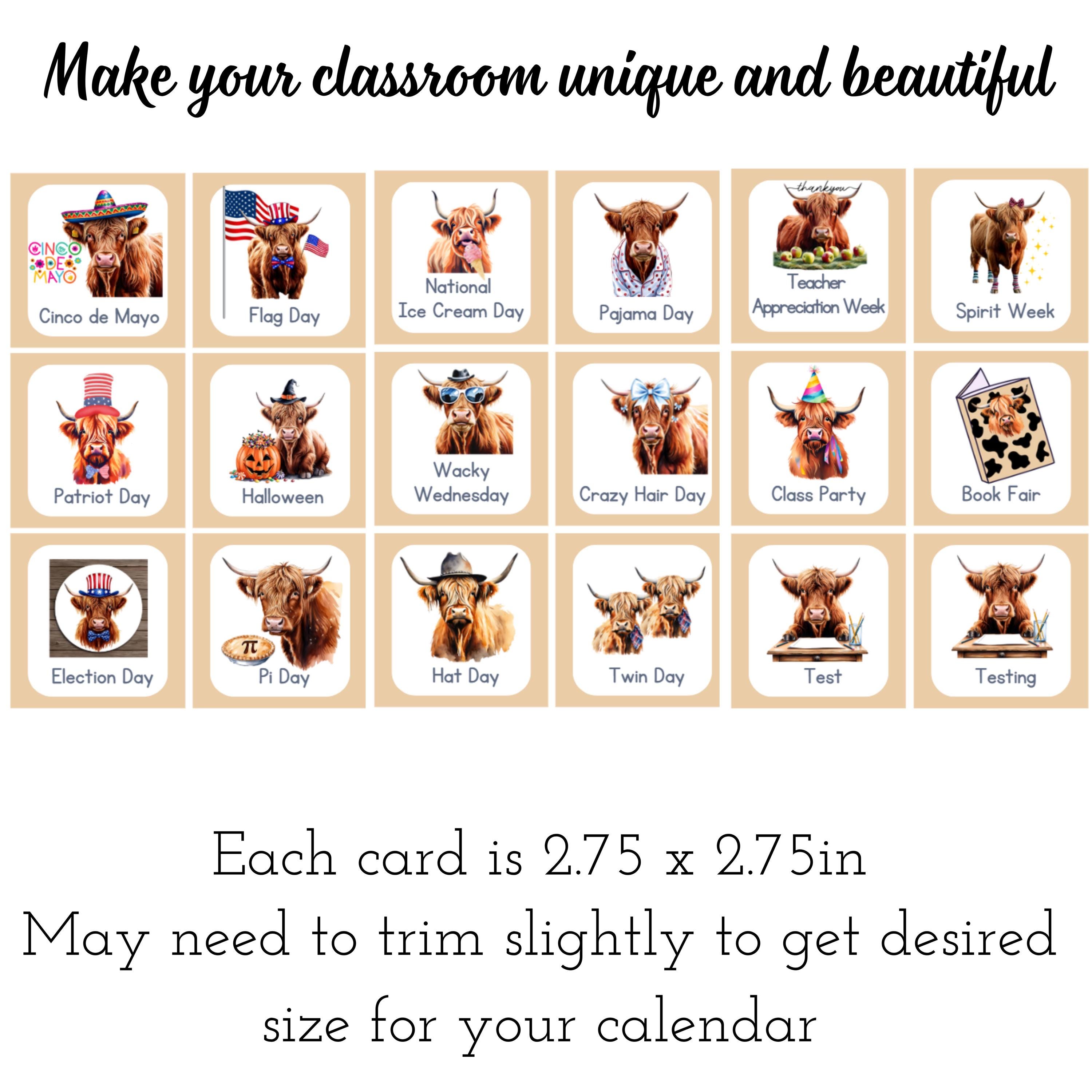 Classroom Pocket Calendar Set, Highland Cow Classroom Theme, Western ...