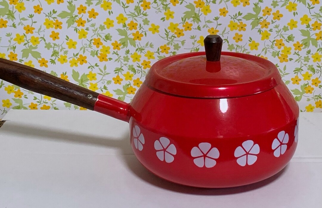 Enamel Fondue Pot Red With White Flowers - Etsy
