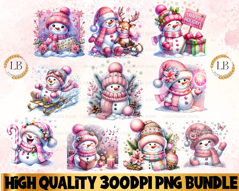 Pink Snowman Clipart Bundle, Watercolor Christmas Snowman Collection ...
