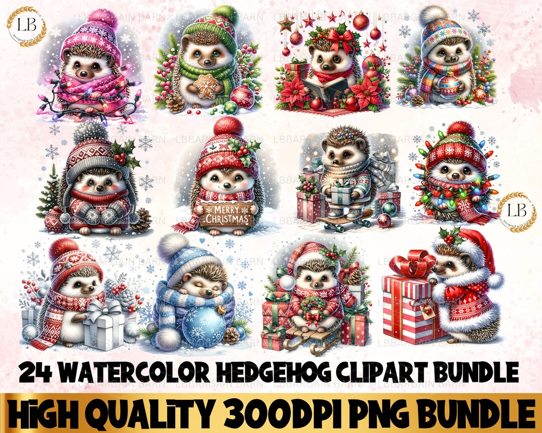 Watercolor Hedgehog Clipart Bundle, Christmas Hedgehog PNG, Animal ...