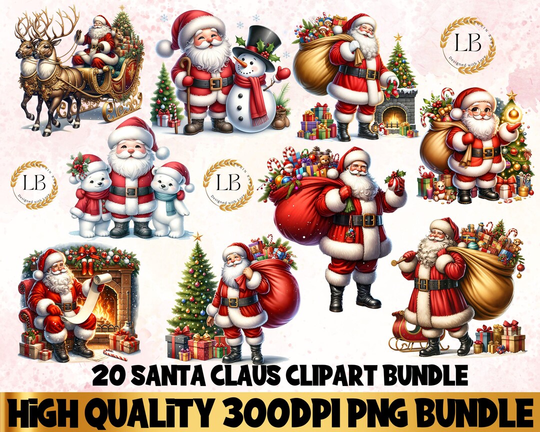 Watercolor Santa Claus Clipart, Christmas Santa Clipart PNG Bundle ...