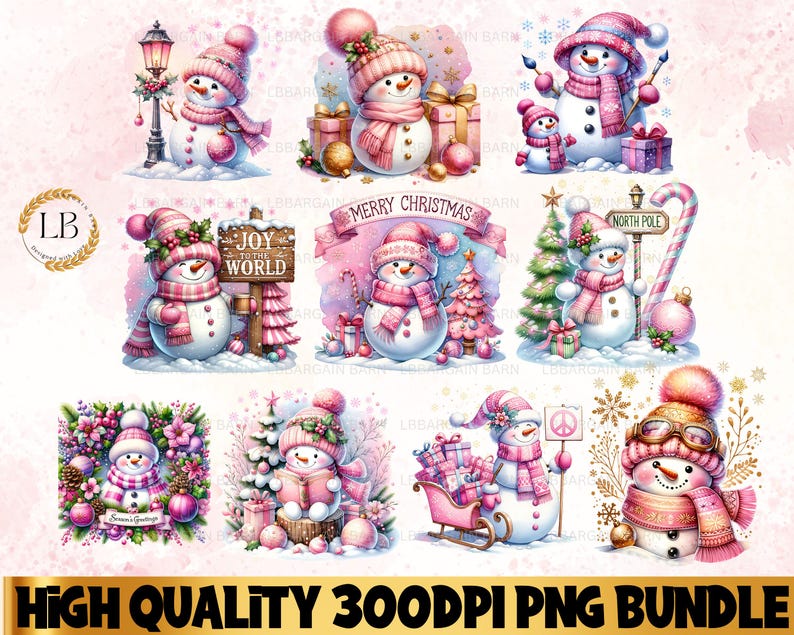 Pink Snowman Clipart Bundle, Watercolor Christmas Snowman Collection ...