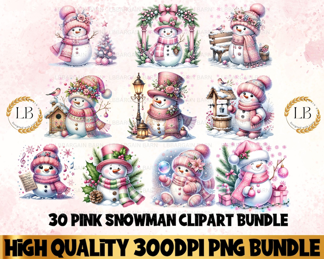 Pink Snowman Clipart Bundle, Watercolor Christmas Snowman Collection ...