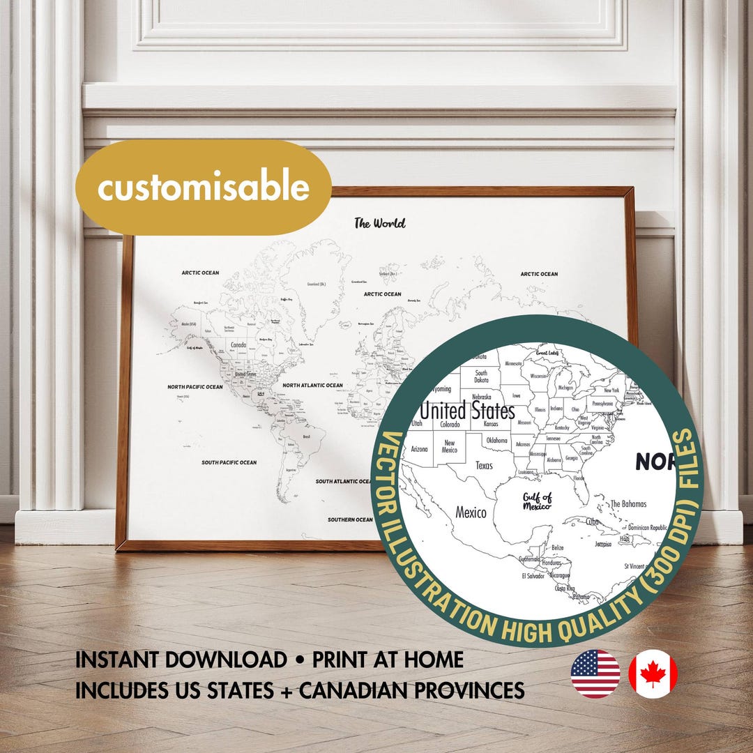 World Map Colouring Travel Map World With US States + CAN Provinces ...