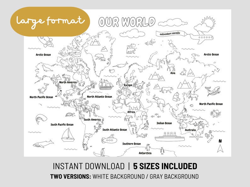 Animal World Colouring Page Instant Download Nursery Wall - Etsy