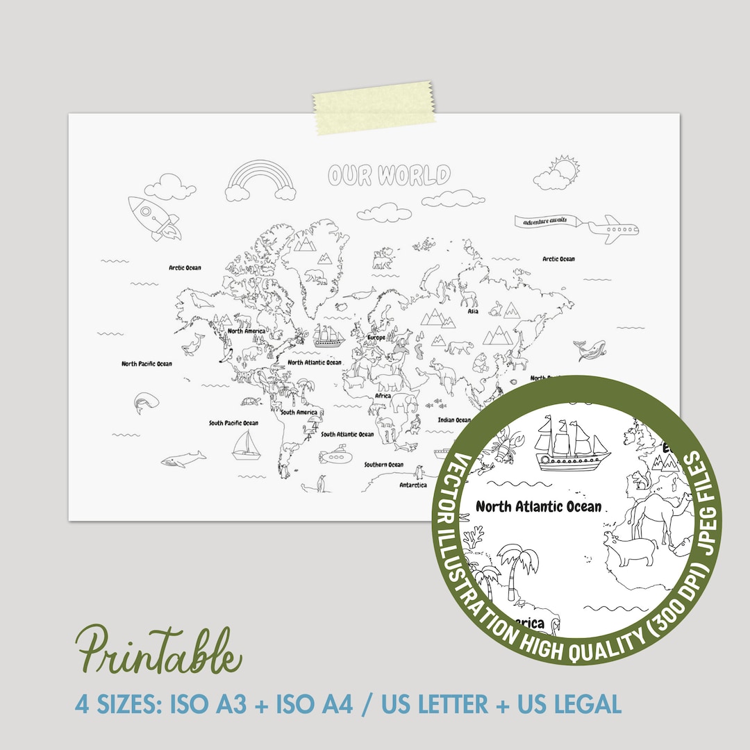 Animal World Map World Map Kids Coloring Page Printable World Map ...
