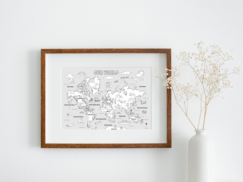 Animal World Map Kids Bedroom Decor Printable World Map Coloring Page ...